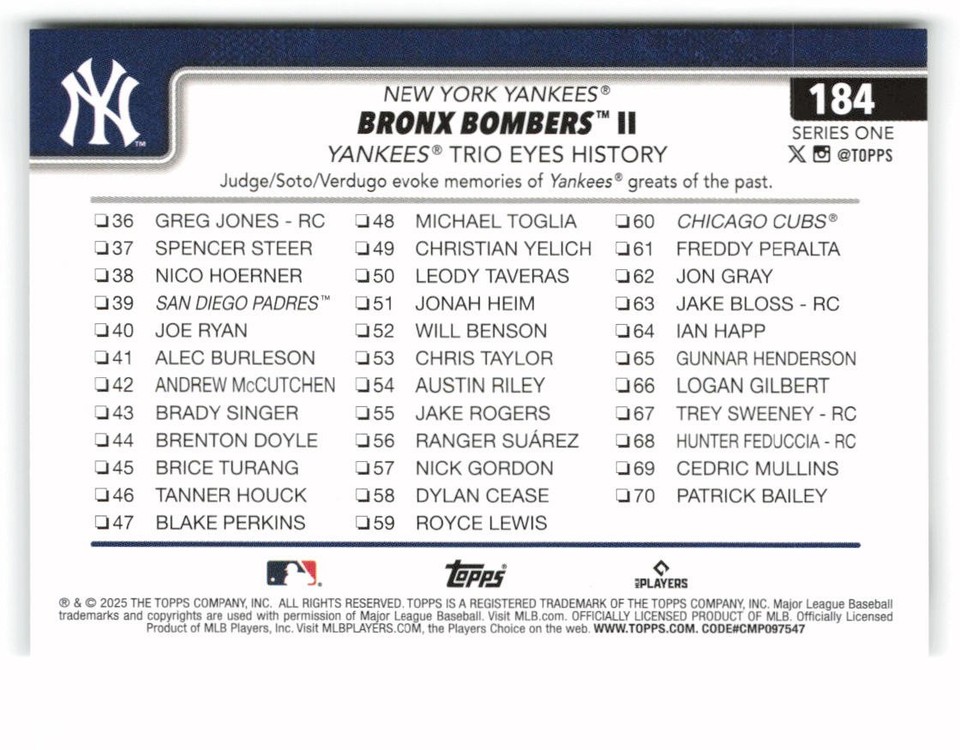 2025 Topps #184 Bronx Bombers II: Yankees Trio Eyes History New York ...