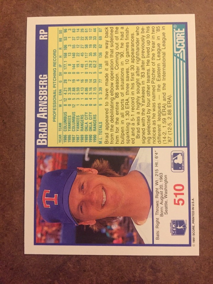 Brad Arnsberg 510 Score 1991 MLB Baseball Trading Card | eBay