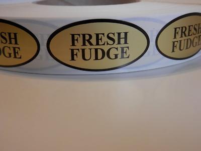 FRESH FUDGE 1x2 oval Sticker Label dull gold foil bkgd 250/rl | eBay