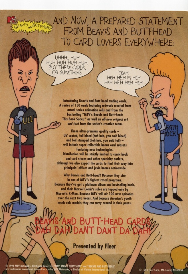 1994 MTV Beavis and Butthead Trading Card Uncut Sheet 10"x8" | eBay