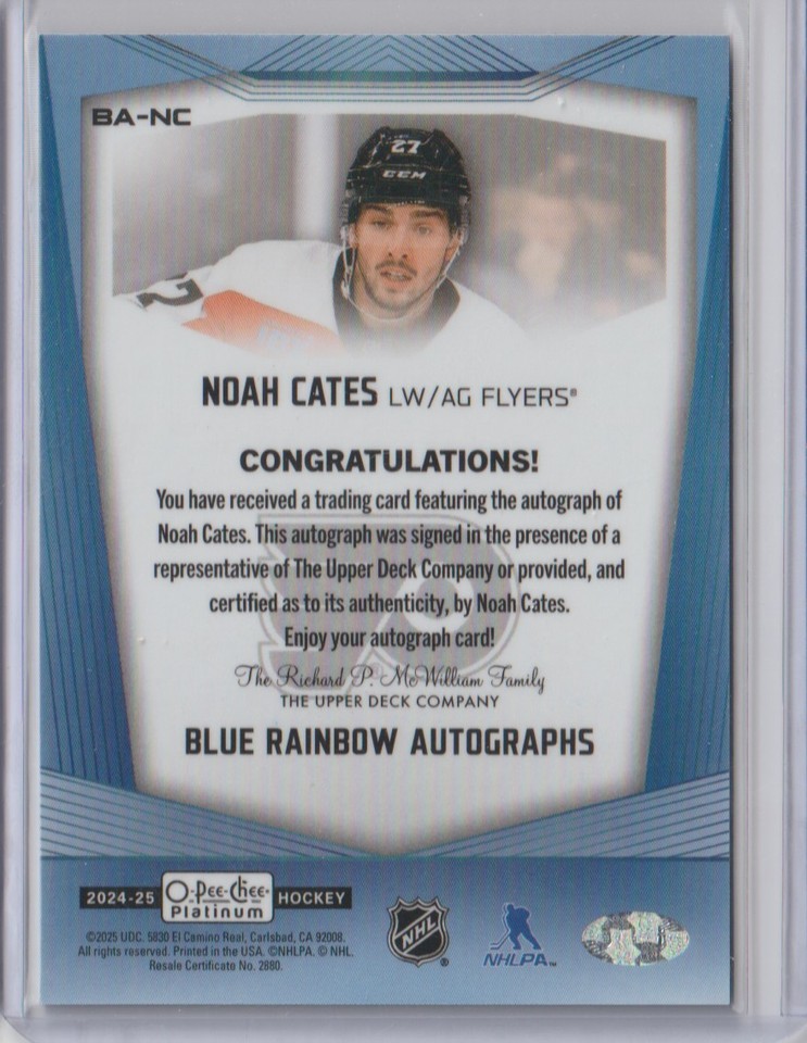 24/25 OPC Platinum Philadelphia Flyers Noah Cates Blue Rainbow Auto ...