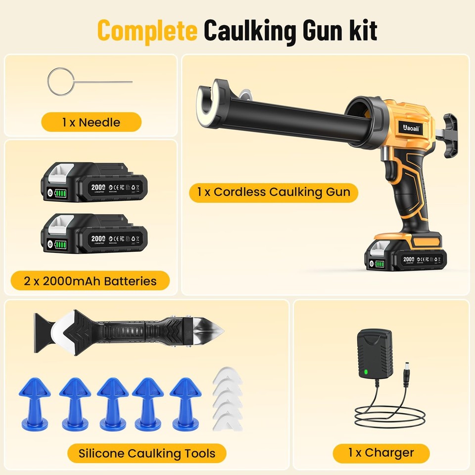 Electric Caulking Gun, Cordless Caulking Gun w/ 2 Batteries, 9Pcs ...
