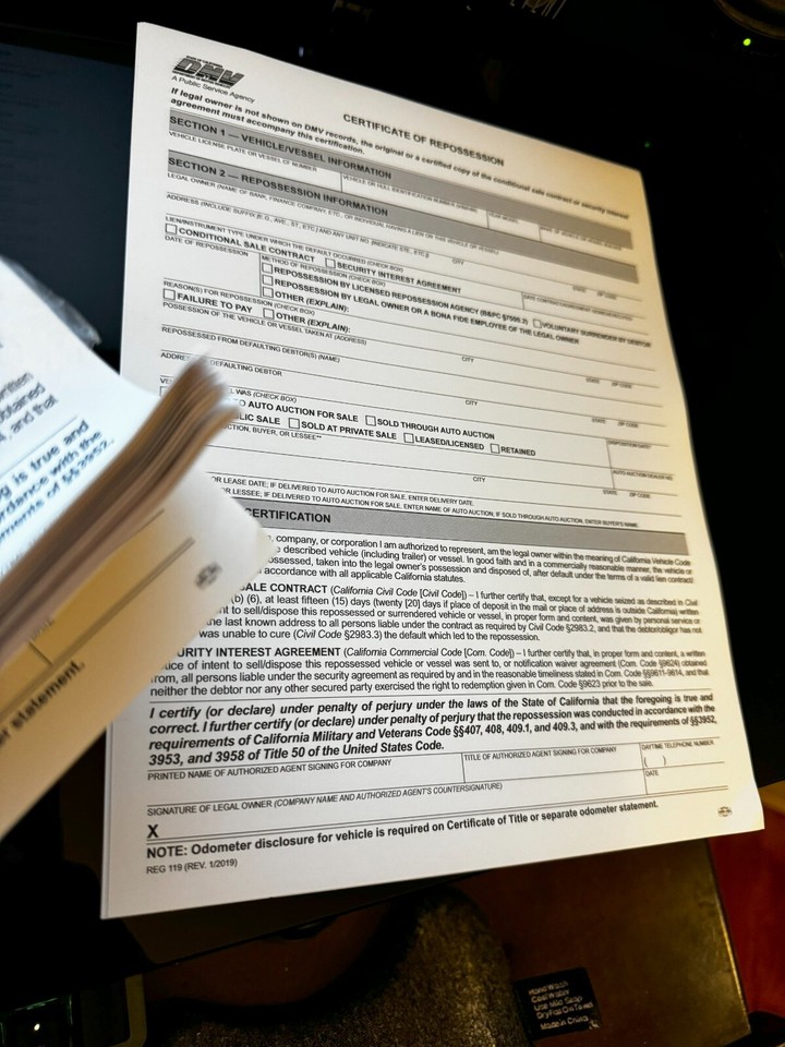 50X DMV REG 119 FORMS - CERTIFICATE OF REPOSSESSION REPO CA CALIFORNIA ...