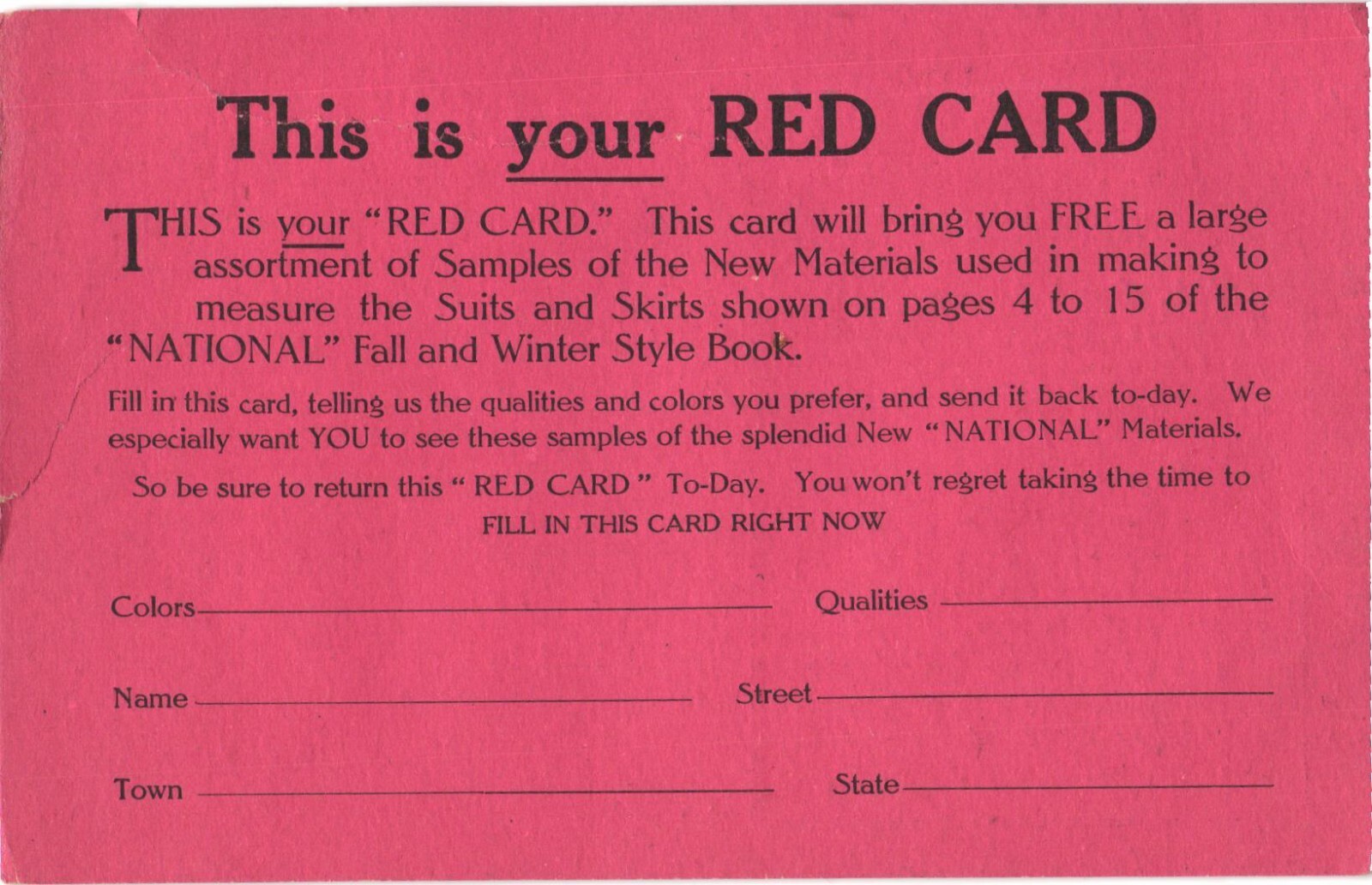 This Is Your Red Card, Free Samples of the New Materials for Suits ...