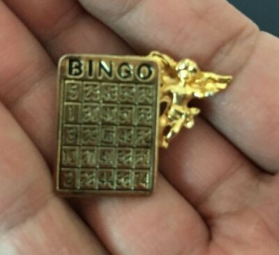 Golden Bingo Card with Lucky Cerub Angel Figure Good Luck Fortune Pin ...