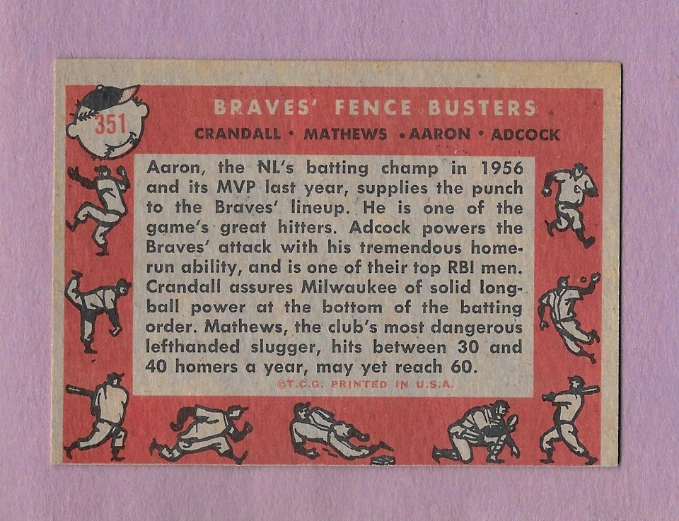 1958 Topps #351 Braves' Fence Busters: Hank Aaron & Eddie Mathews HOF ...