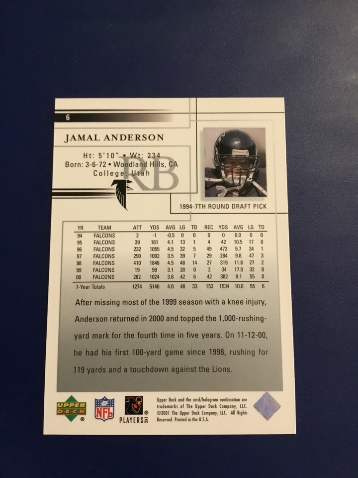 2001 Upper Deck # 6 JAMAL ANDERSON Atlanta Falcons | eBay