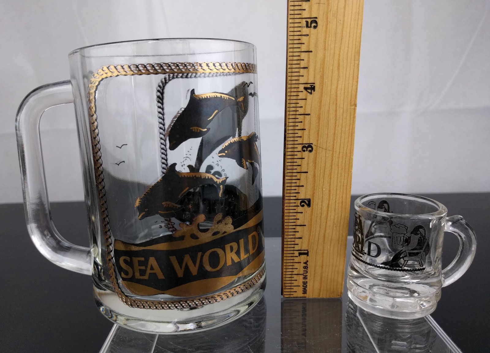 Sea World Stein & Shot Glass Shamu Gold Black Collect Souvenir Beer Mug ...