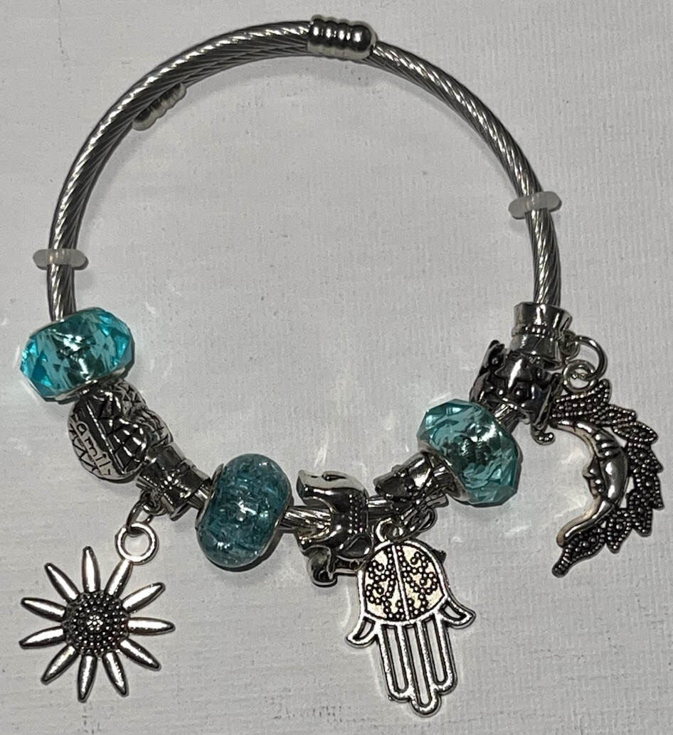 Silver Plated Aqua Light Blue Charm Stretch Bracelet | eBay