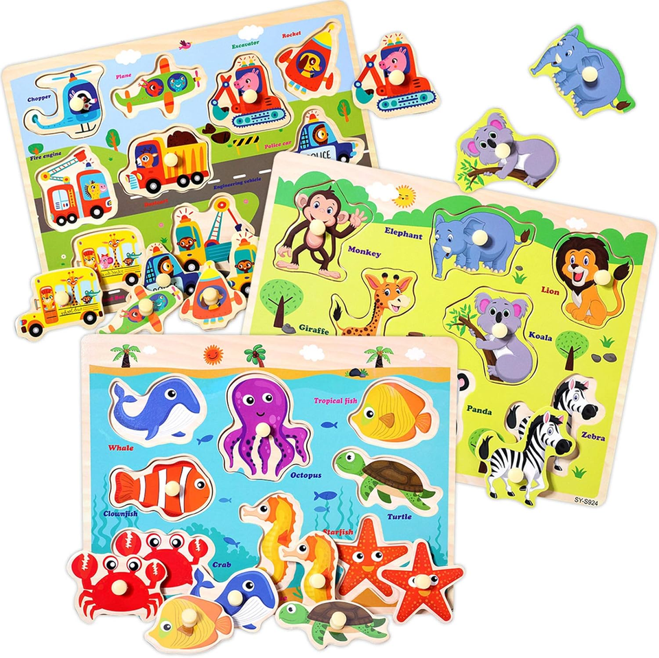Wooden Peg Puzzles for Toddlers 2 3 4 Years Old, Kids Educational ...
