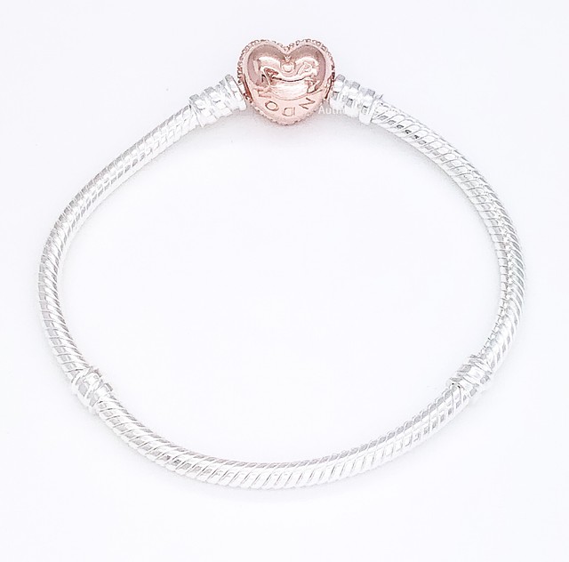 PANDORA 586292cz Rose Gold Silver CZ Pave Heart Clasp Charm Bracelet 7. ...