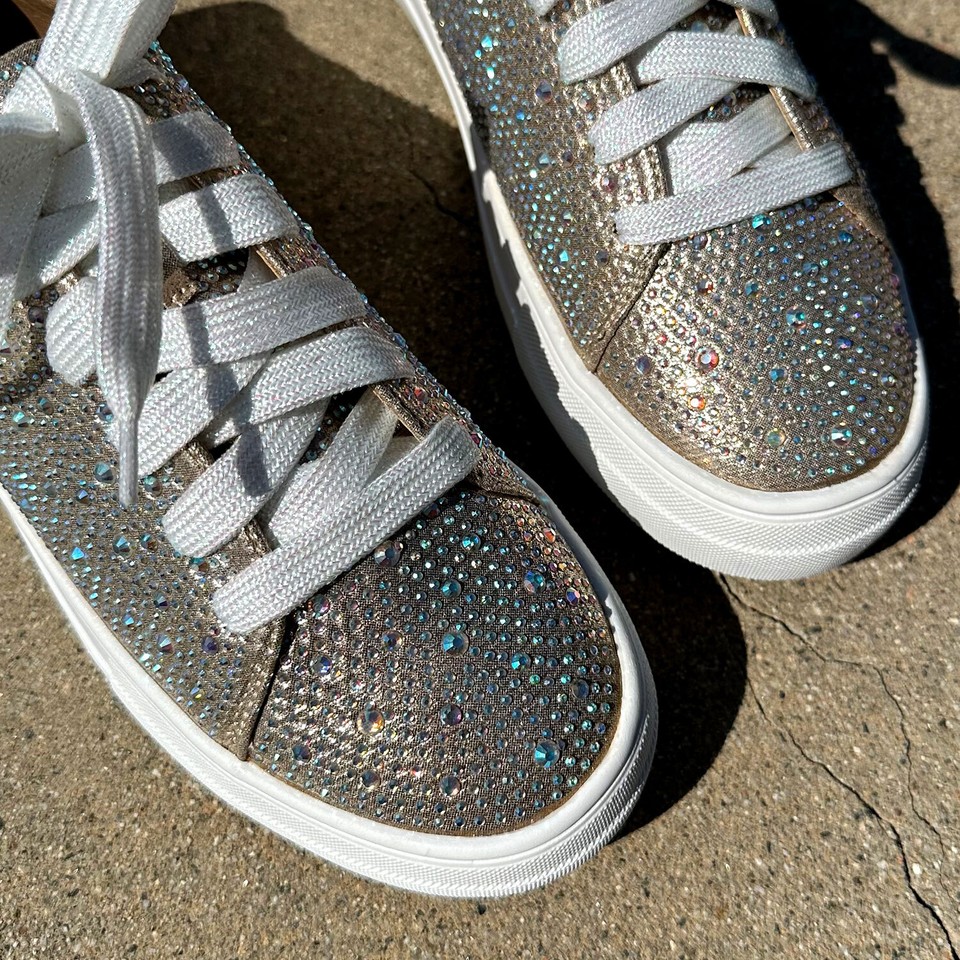 New Women Bling Rhinestone Crystal Pavé Lace Up Sneakers Round Toe Flat ...