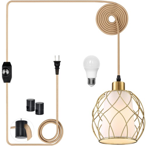Plug in Pendant Light Gold Hanging Lamp with Dimmable Switch 15 ft ...