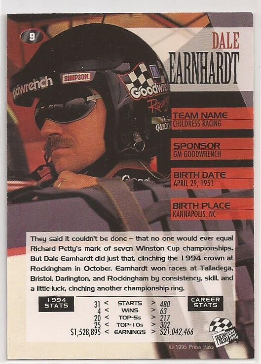 1995 Press Pass #9 Dale Earnhardt Racing Card | eBay
