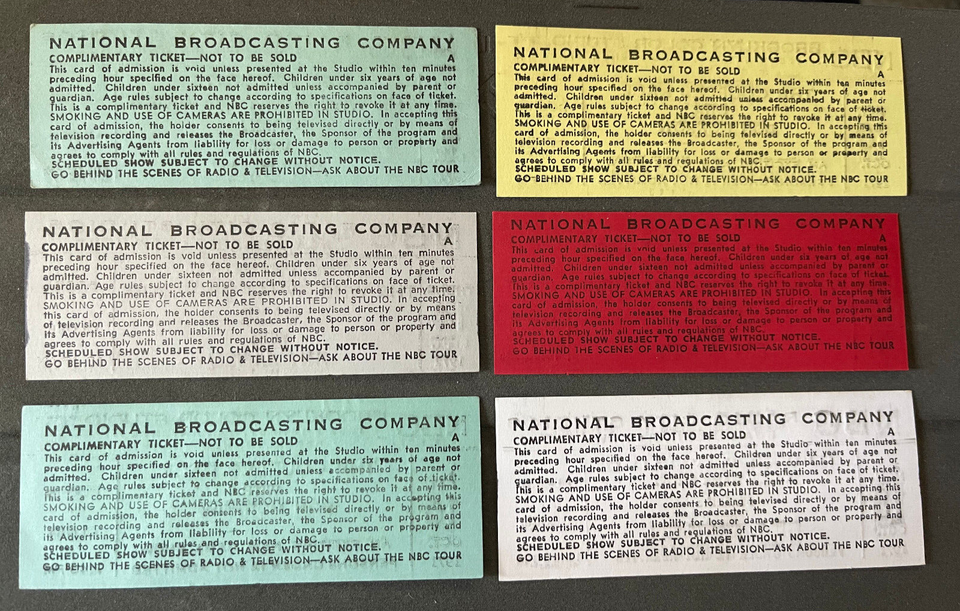 6 Different Tickets NBC Radio City Studios & Brooklyn Color Studios ...