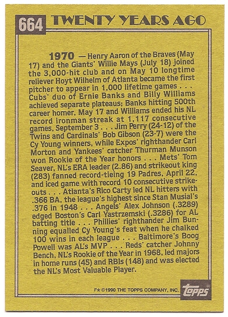 1990 Topps #664 Johnny Bench Cincinnati Reds - Turn Back the Clock ...