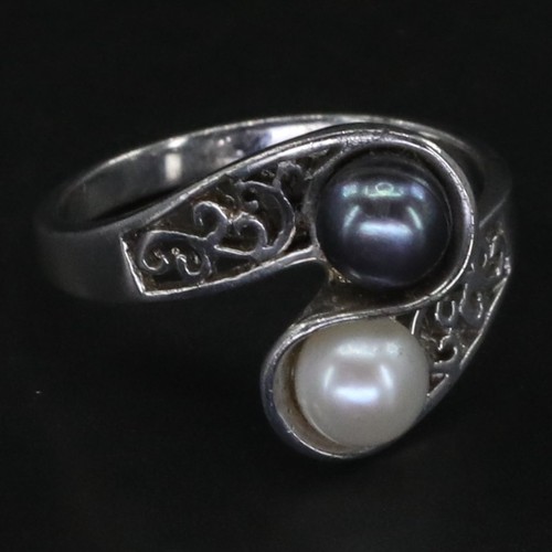 Sterling Silver - Tahitian & Freshwater Pearl Filigree Bypass Ring Size ...