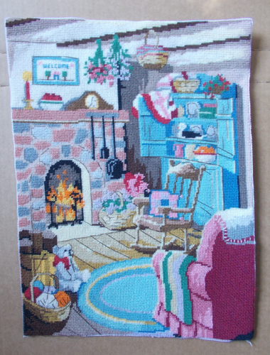 VTG Hand Stitched Needlepoint Hearth Scene Wool Yarn 12" x 16" Unframed ...