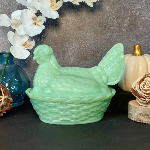 Hen Nest Chicken Candy Dish, Green Jadeite Glass Depression Style ...