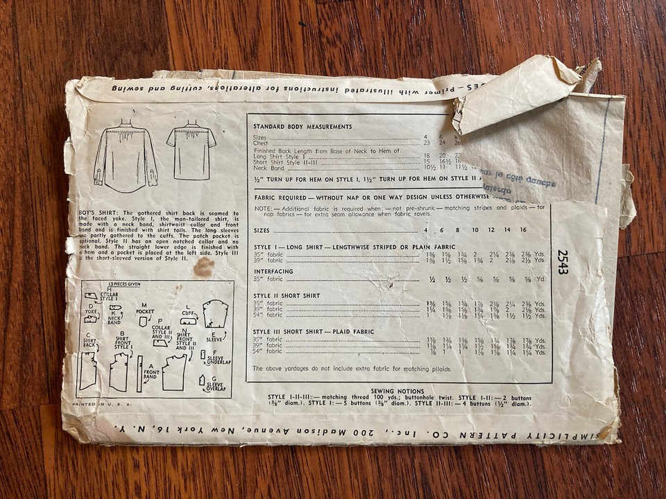 Vtg Simplicity 2543 Boys Shirt Size 10 Chest 28 Cut | eBay