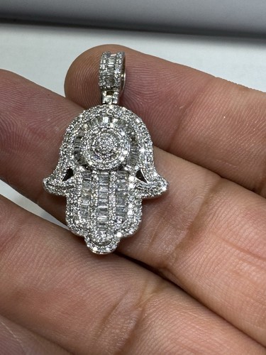 Real 14k White Gold Natural 1.35 ctw round & baguette cut diamond Hamsa ...