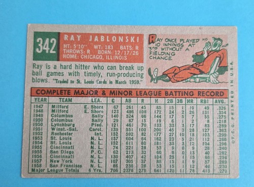 1959 Topps #342 Ray Jablonski San Francisco Giants BASEBALL Card I8 | eBay