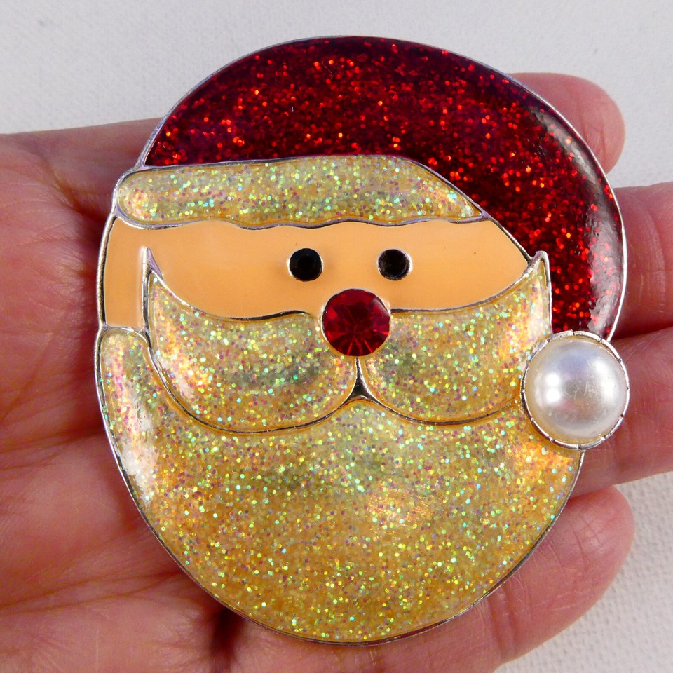 Glittery SANTA FACE Pin Brooch Large Holiday Pendant Magnetic Enhancer ...