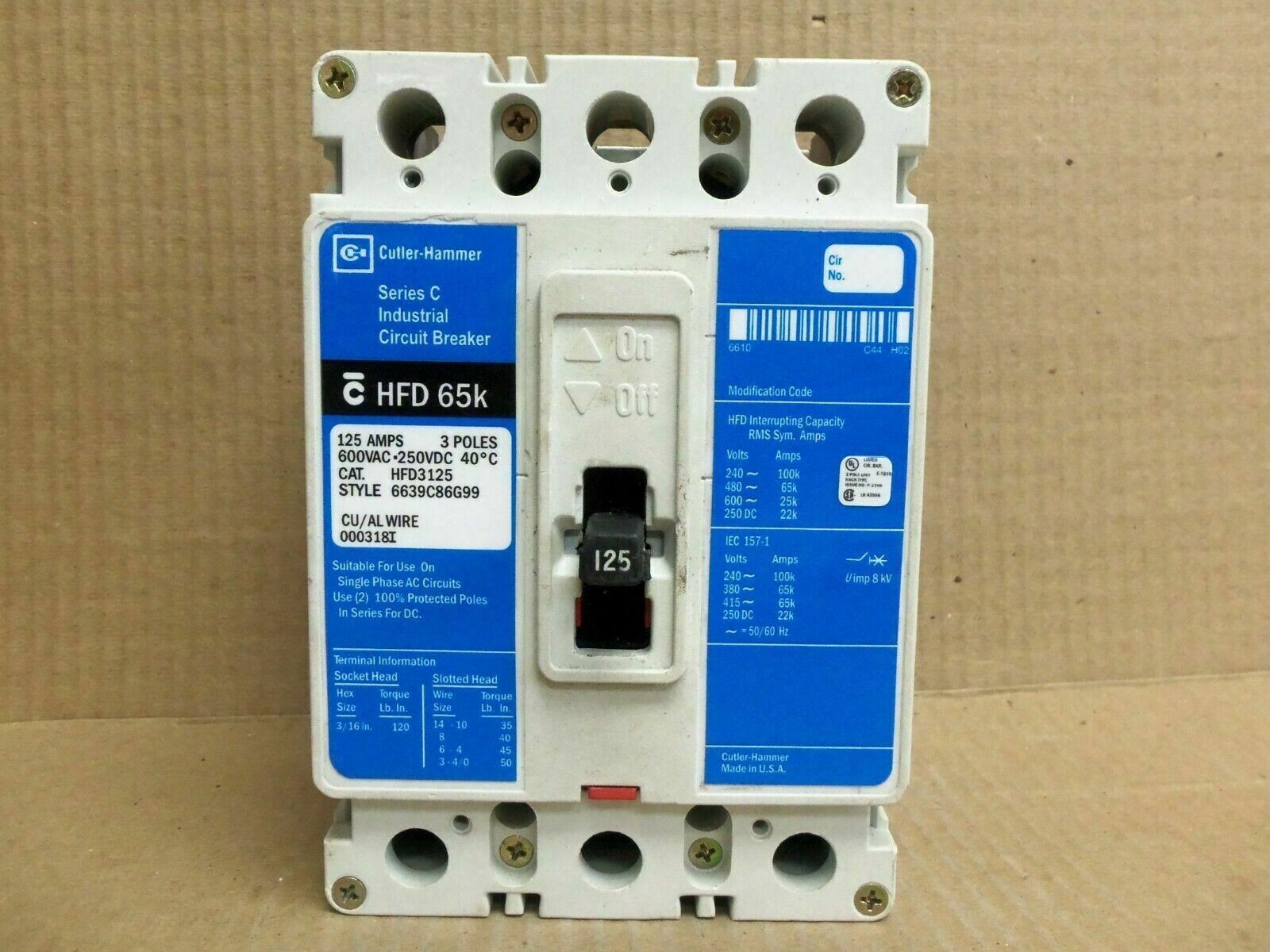 CUTLER HAMMER EATON HFD HFD3125 3 Pole 125 Amp 600V Circuit Breaker | eBay