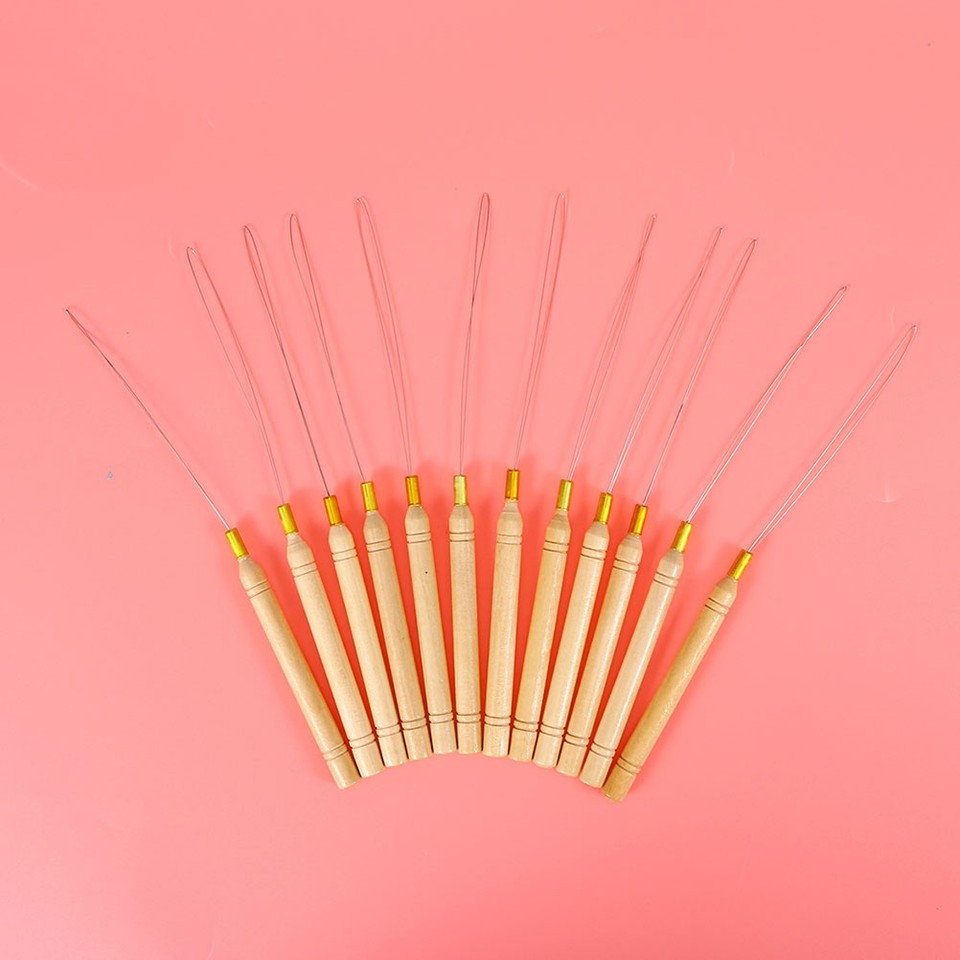 15pcs Micro Ring Hair Extension Wooden Loop Needle Threader DIY Hook ...
