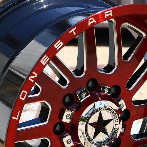22" Brushed Red Lonestar Tomahawk Wheels 22x12 8x6.5 -44 Ram 2500 35 MT ...