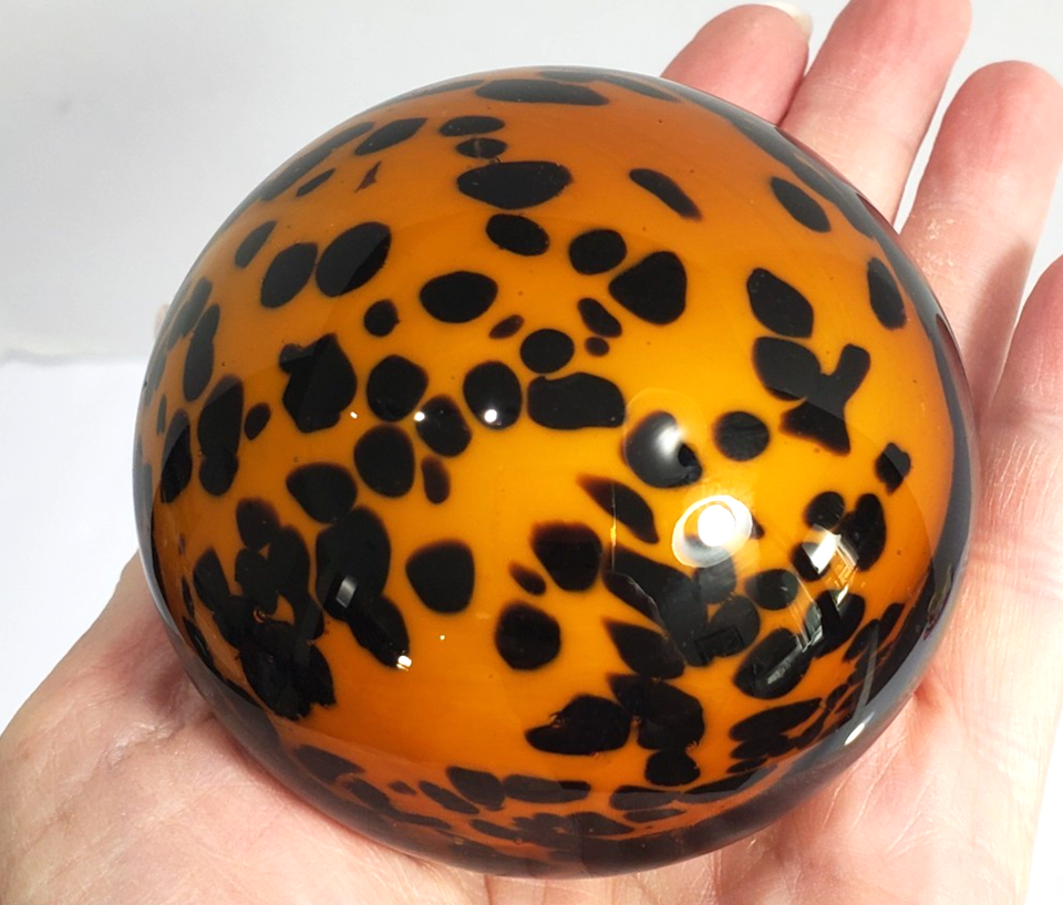 Vintage Hand Blown Art Glass Paperweight Leopard Spots Amber With Black ...
