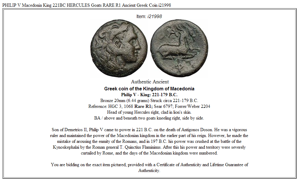 PHILIP V Macedonia King 221BC HERCULES Goats RARE R1 Ancient Greek Coin ...
