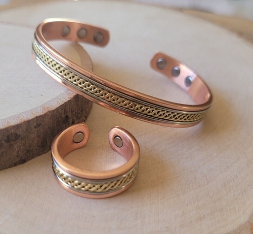 Solid Copper Magnetic Bracelet Ring Set 3 Tone Arthritis Therapy Cuff ...