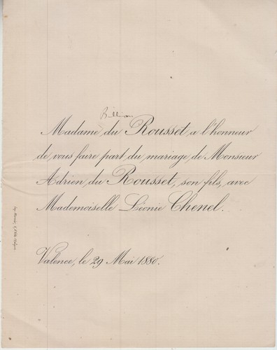 1880 Faire-part mariage Adrien BILLION du ROUSSET & Léonie CHENEL ...