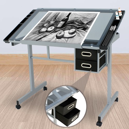 Drafting Table on Wheels Adjustable Glass Tabletop Drawing Desk w ...