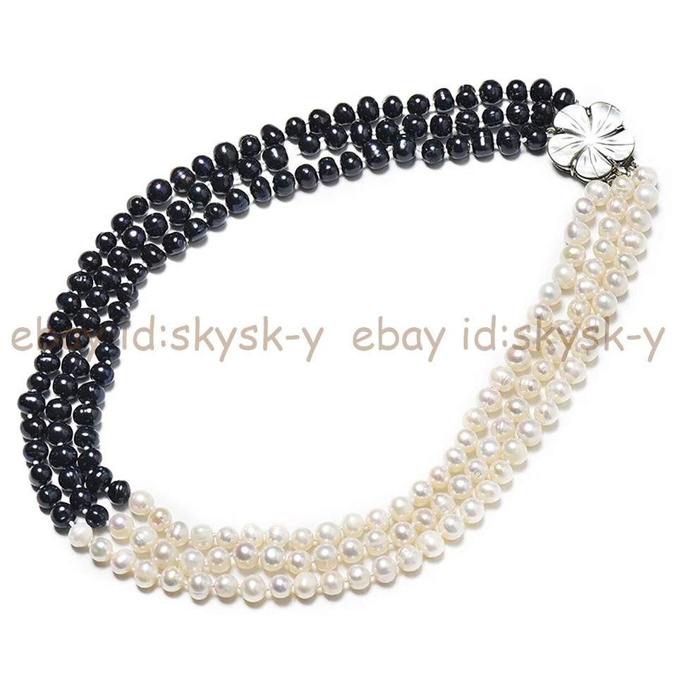 3 Rows Natural Black White Akoya Freshwater Pearl Necklace 17-19" Shell ...