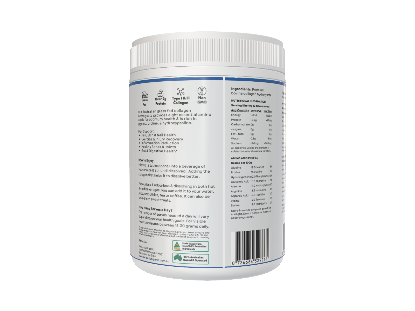 SERIOUSLY ORGANIC COLLAGEN HYDROLYSATE - PURE GRASS FED AUSTRALIAN 500G ...