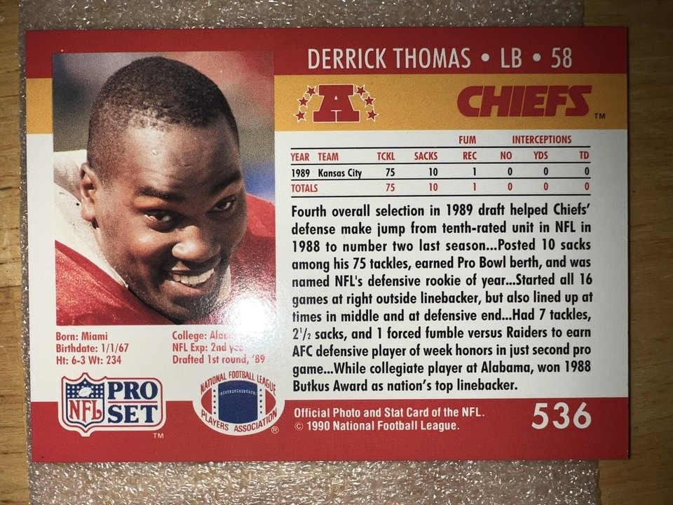 Derrick Thomas 1990 Pro Set 536 NFL Chiefs football card. Vintage Mint ...