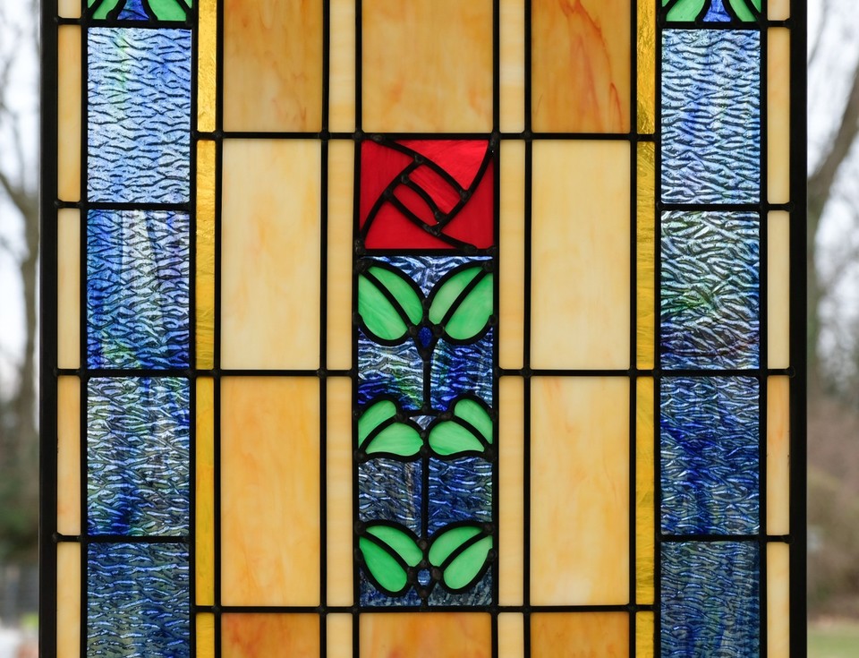 20" x 34" Tiffany Style stained glass window panel Rose Flower glass ...
