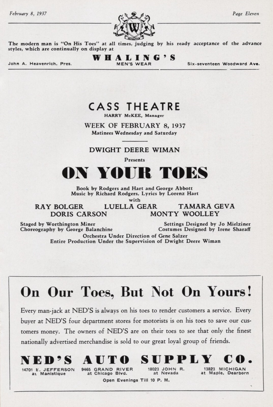 Rodgers and Hart "ON YOUR TOES" Ray Bolger / Luella Gear 1937 Detroit ...