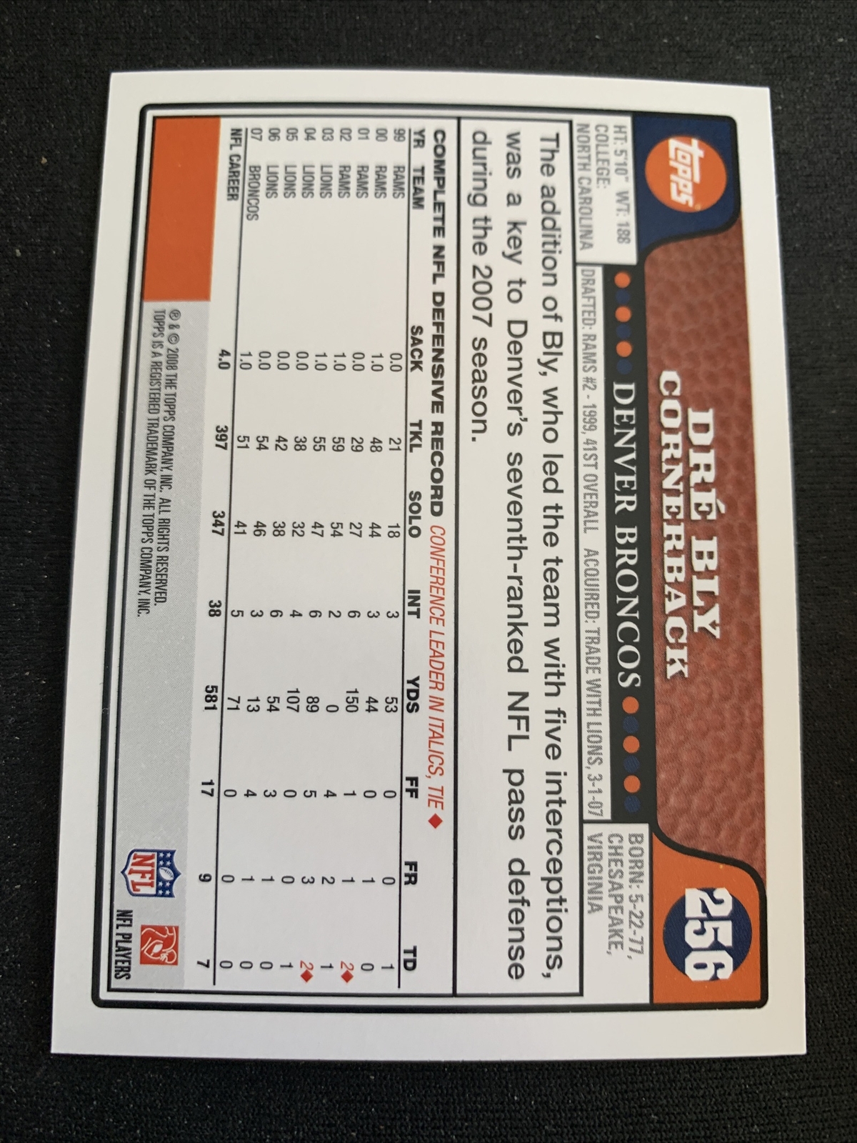 2008 Topps Football Card #256 Dre’ Bly Denver Broncos NMMt Free ...