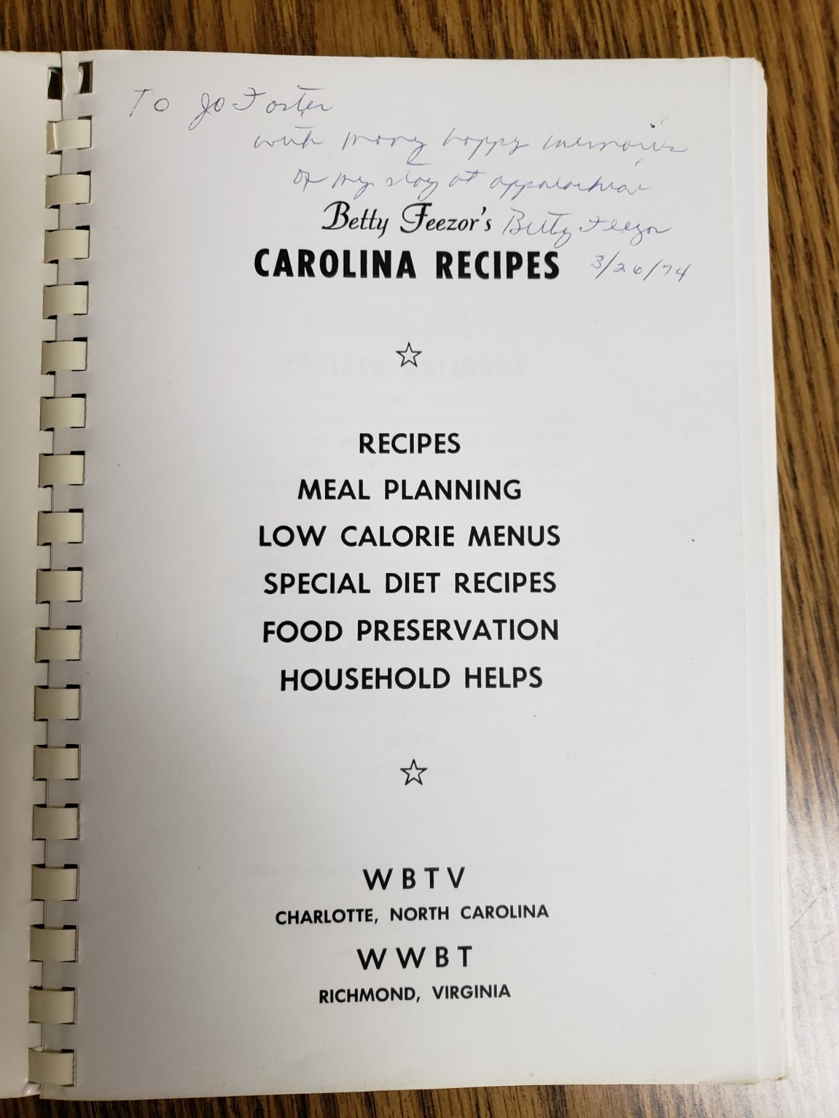 signed Betty Feezor Carolina recipies cookbook WBTV Charlotte w ...