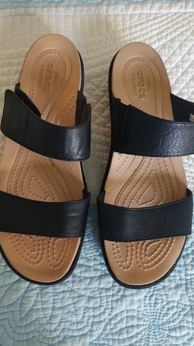 Crocs Sandals slides wedge Womens 9 Black double Leather strap Dual ...