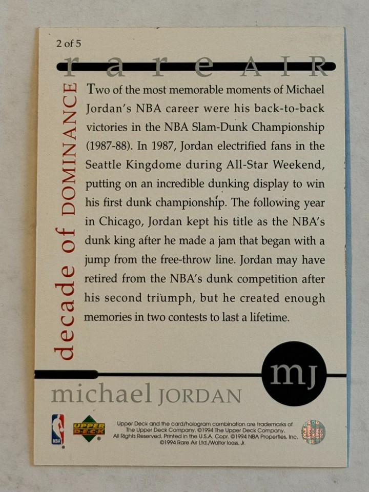 1994 Upper Deck Decade of Dominance Jumbo Michael Jordan #2 Bulls ...