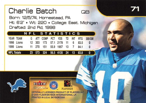 Charlie Batch #71 2000 SkyBox Detroit Lions Football | eBay