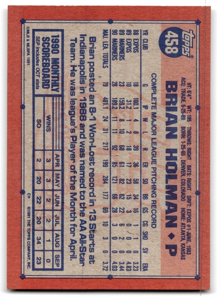 1991 Topps Baseball Card Brian Holman Seattle Mariners #458 | eBay