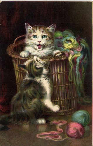 PC CATS, FOUR CATS PLAYING WITH COLORFUL THREADS, Vintage Postcard ...