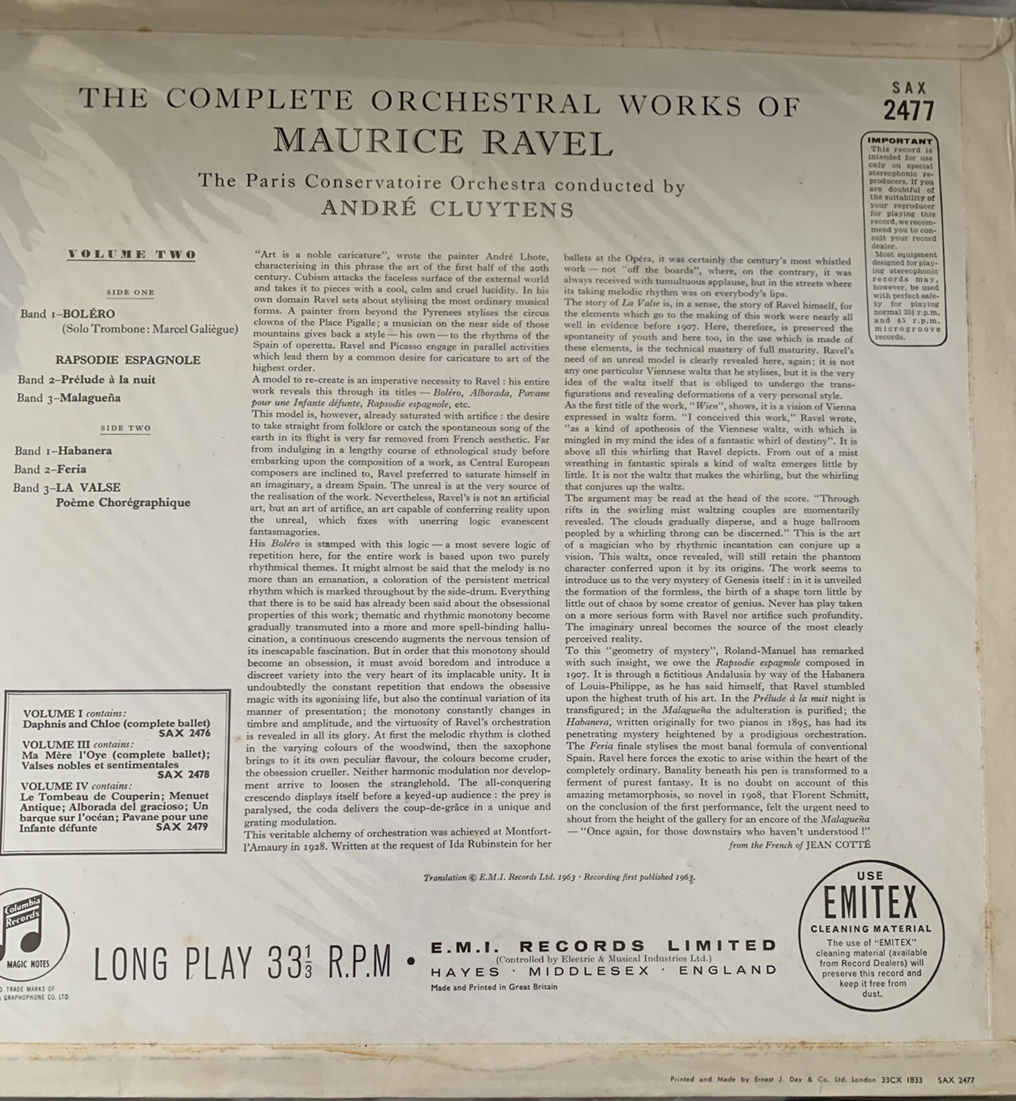 SAX 2476-9 Ravel Complete Orchestral Works Andre Cluytens B/S Ed.1 Mint ...
