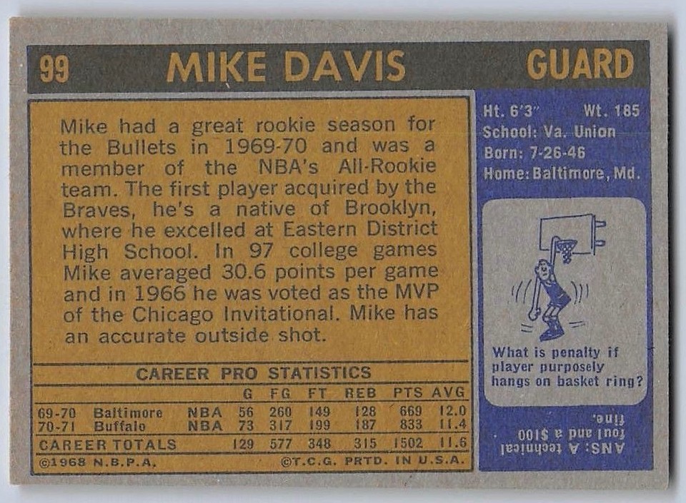 1971-72 MIKE DAVIS - Topps Basketball Card - # 99 - BUFFALO BRAVES | eBay