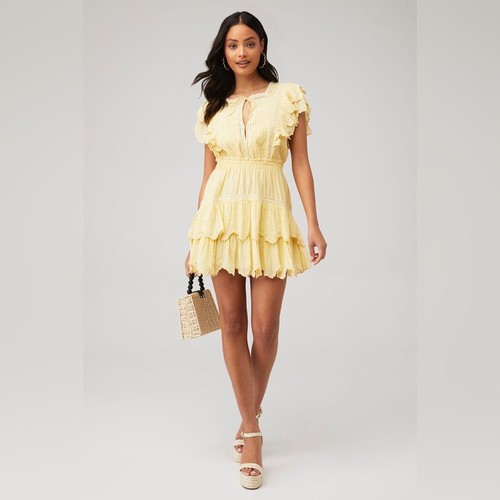 LoveShackFancy Darryl Lace Trim Pale Yellow Flutter Sleeve Ruffle Mini ...